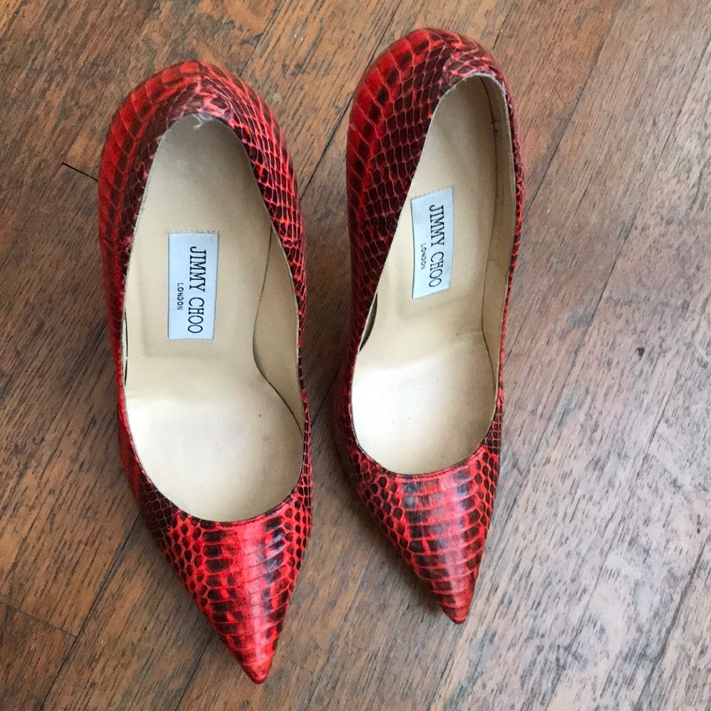 Jimmy Choo Red 'Anouk' Elaphe Snakeskin Pumps 38.5 - Gem